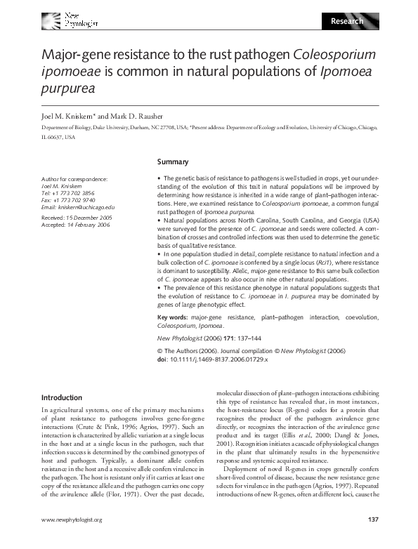 (PDF) Major-gene resistance to the rust pathogen Coleosporium ipomoeae ...