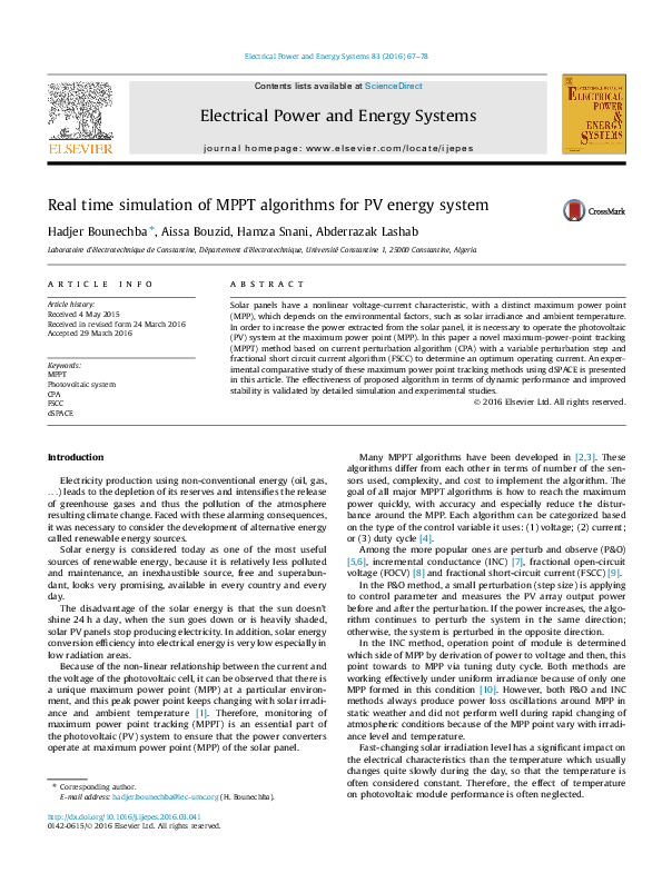 Pdf Real Time Simulation Of Mppt Algorithms For Pv Energy System