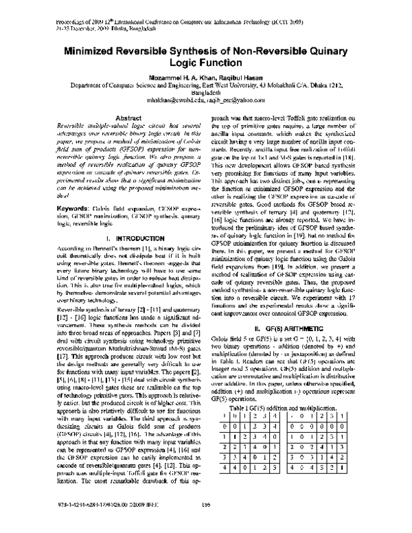 Pdf Minimized Reversible Synthesis Of Non Reversible Quinary Logic