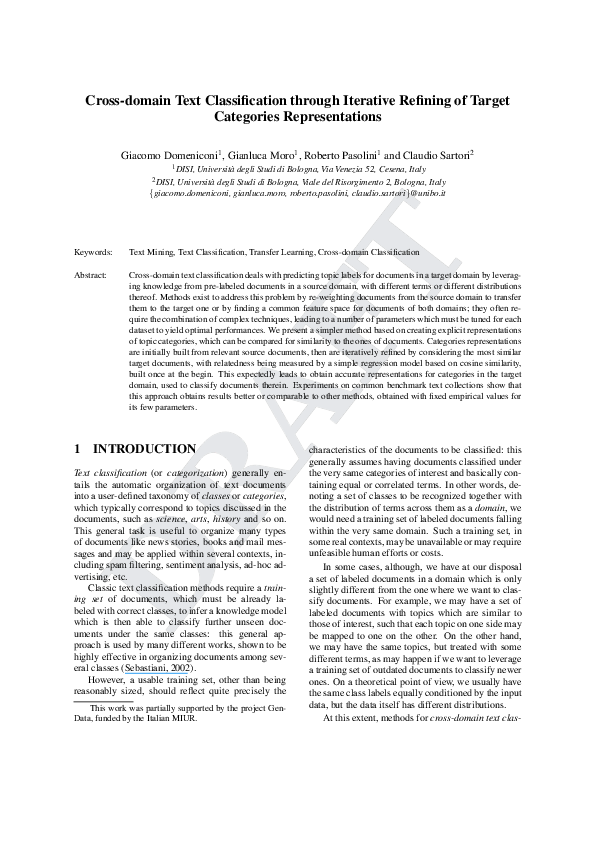 Pdf Cross Domain Text Classification Through Iterative Refining Of Target Categories