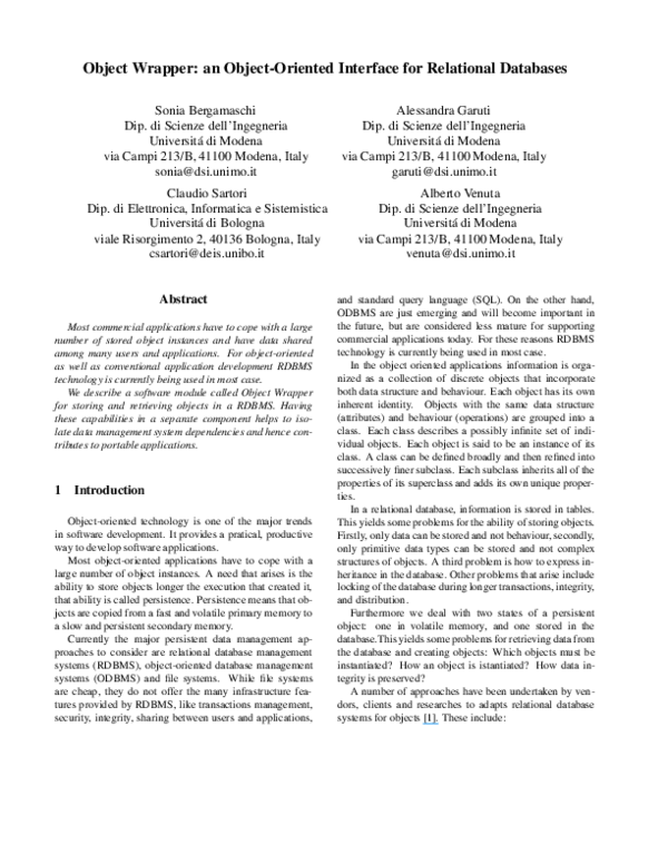 Pdf Object Wrapper An Object Oriented Interface For Relational Databases 9435