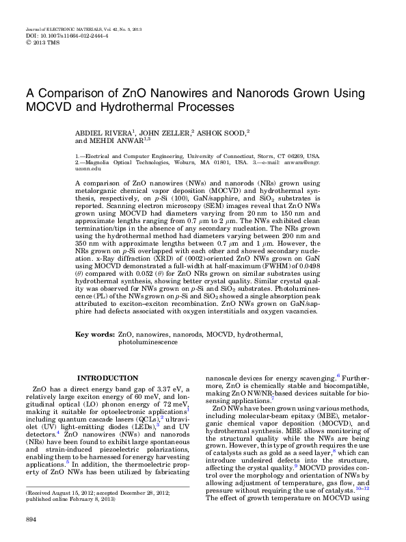 (PDF) A Comparison of ZnO Nanowires and Nanorods Grown Using MOCVD and Hydrothermal Processes ...