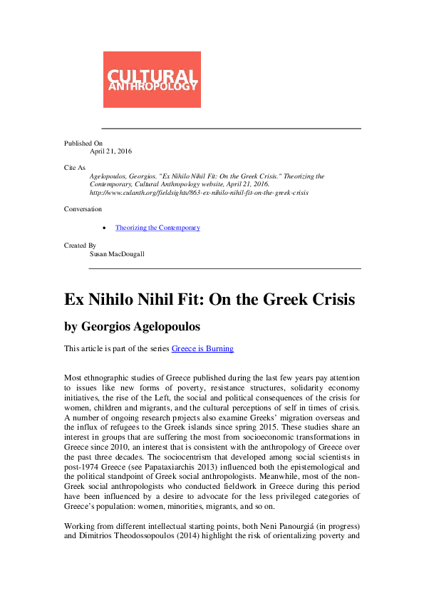 (PDF) Ex Nihilo Nihil Fit: On the Greek Crisis