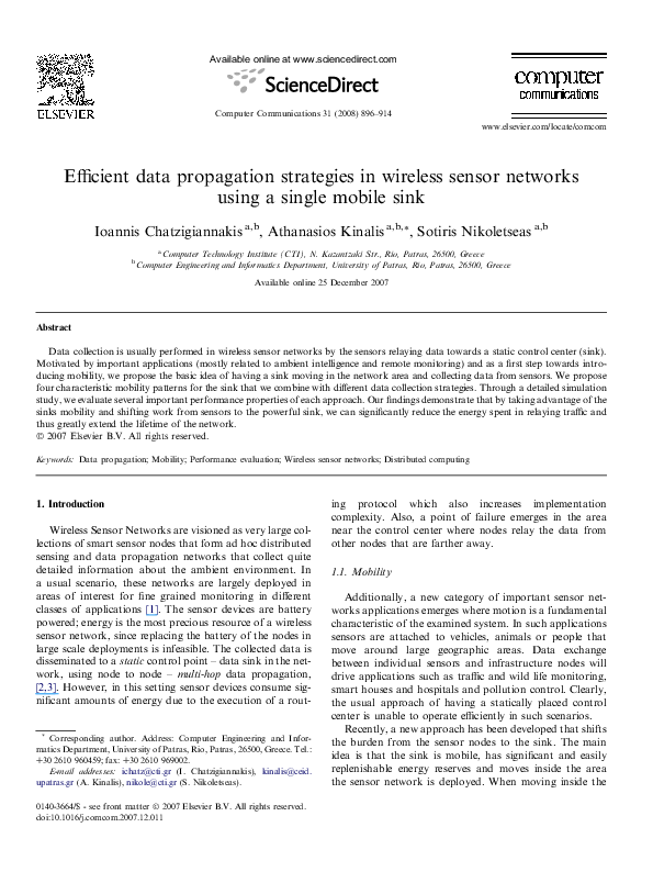 Pdf Efficient Data Propagation Strategies In Wireless Sensor Networks Using A Single Mobile Sink