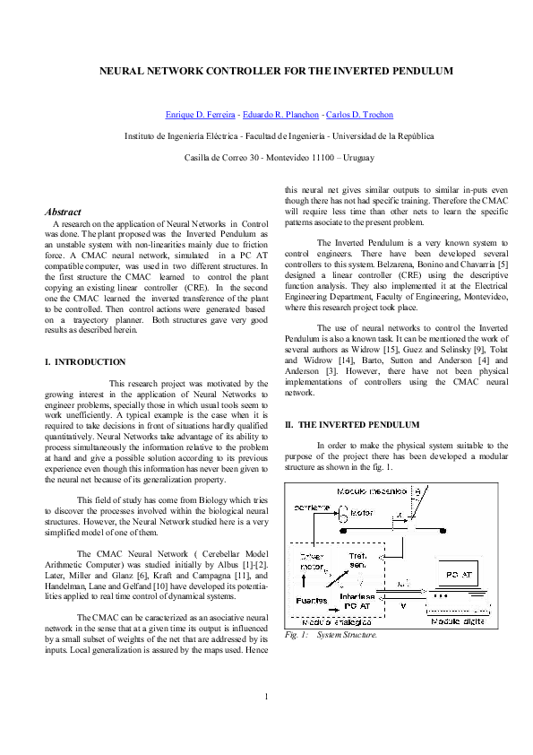 (PDF) Neural Network Controller For The Inverted Pendulum