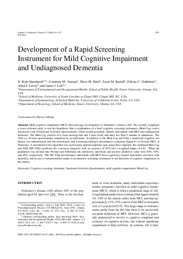 (PDF) Development of a rapid screening instrument for mild cognitive ...