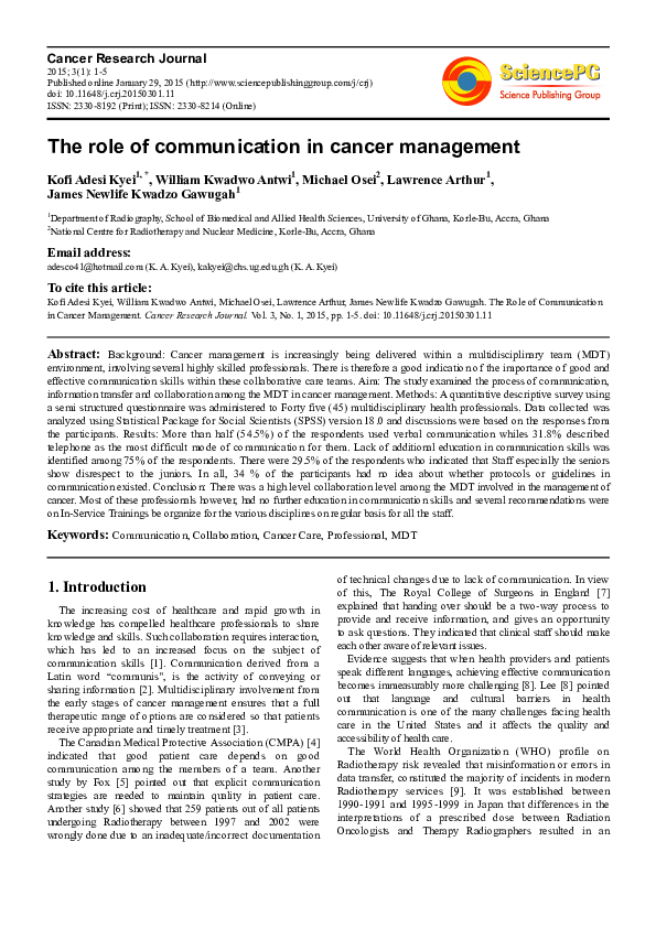 (PDF) The Role of Communication in Cancer Management