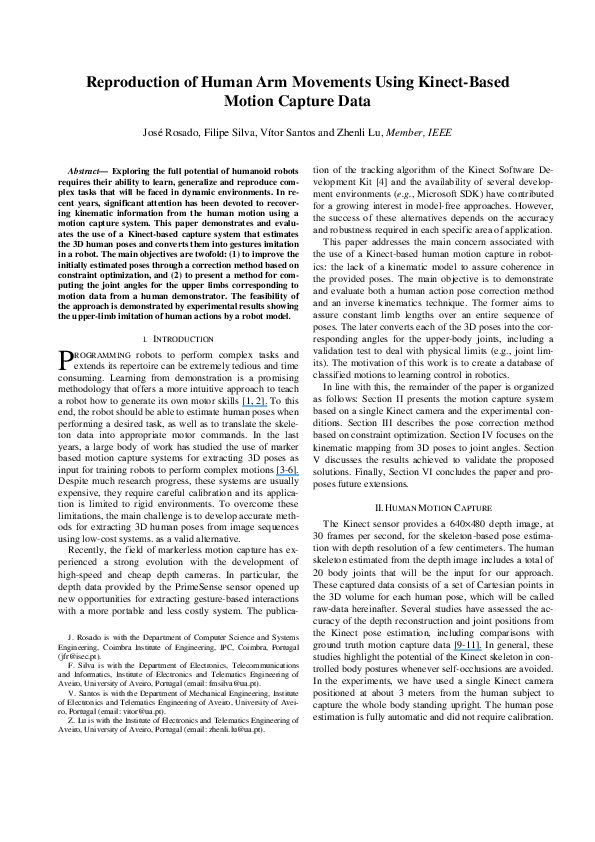 Pdf Reproduction Of Human Arm Movements Using Kinect Based Motion Capture Data Vítor Santos