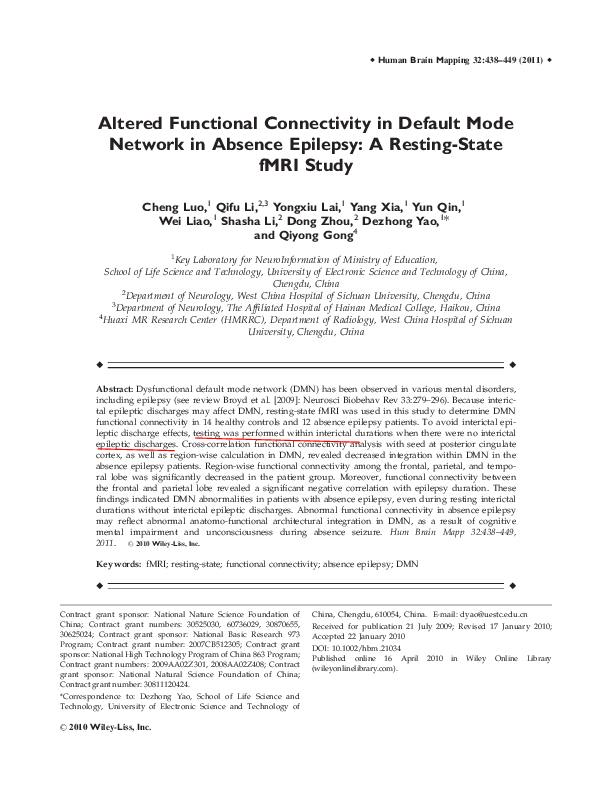 Pdf Altered Functional Connectivity In Default Mode Network In
