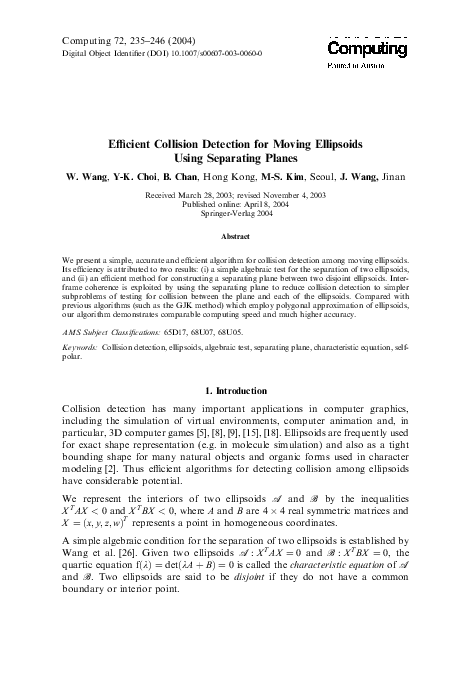(PDF) Efficient Collision Detection for Moving Ellipsoids Using Separating Planes