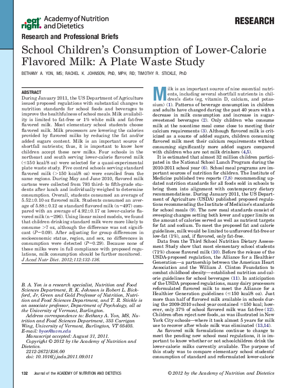 (PDF) School Children's Consumption of Lower-Calorie Flavored Milk: A ...