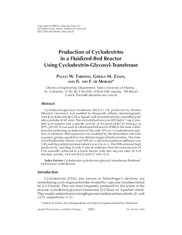 (PDF) Production of cyclodextrins in a fluidized-bed reactor using cyclodextrin-glycosyl-transferase
