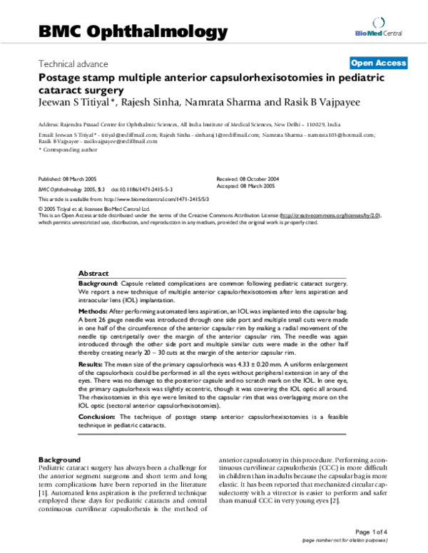 (PDF) Postage stamp multiple anterior capsulorhexisotomies in pediatric ...