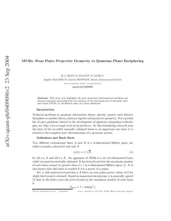 Pdf Mubs From Finite Projective Geometry To Quantum Phase Enciphering