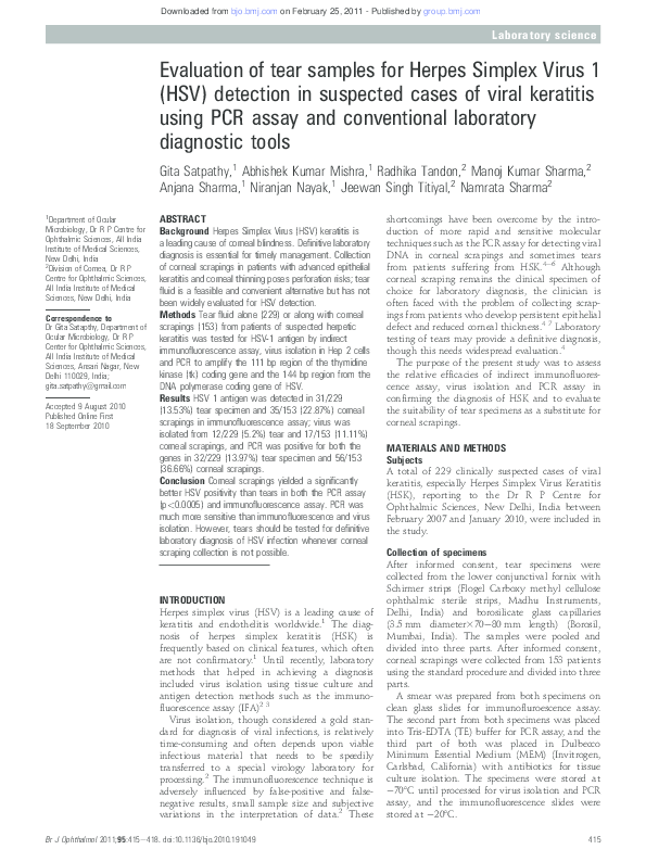 (PDF) Evaluation of tear samples for Herpes Simplex Virus 1 (HSV ...
