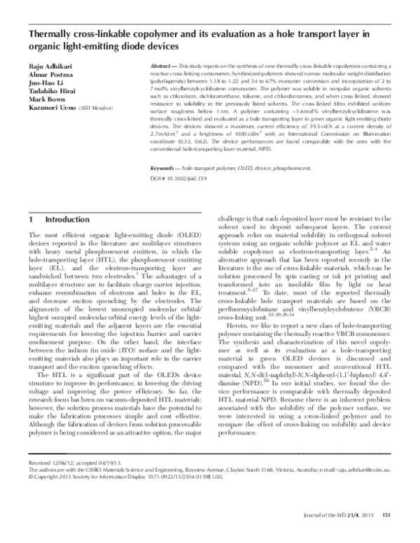 (PDF) Thermally cross‐linkable copolymer and its evaluation as a hole transport layer in organic ...