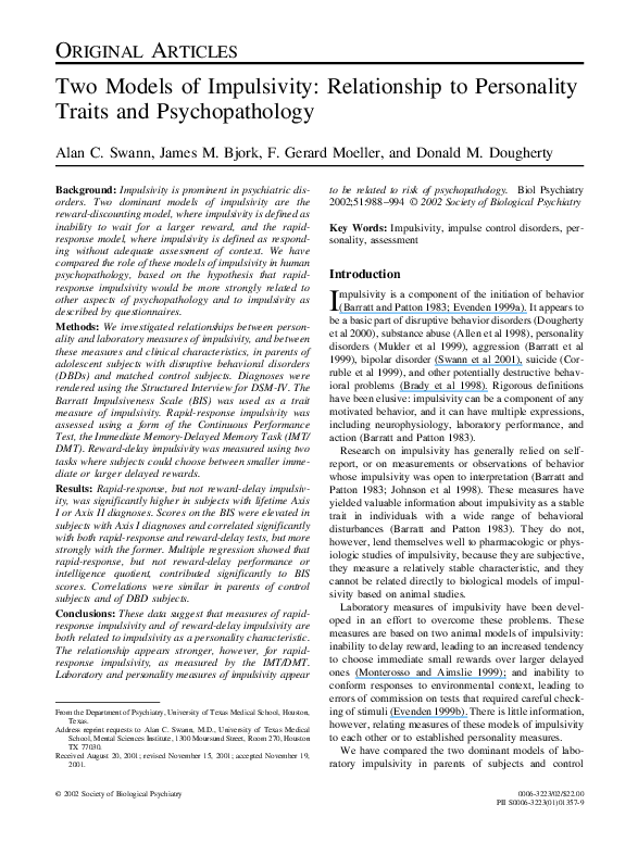 (PDF) Two models of impulsivity: relationship to personality traits and ...