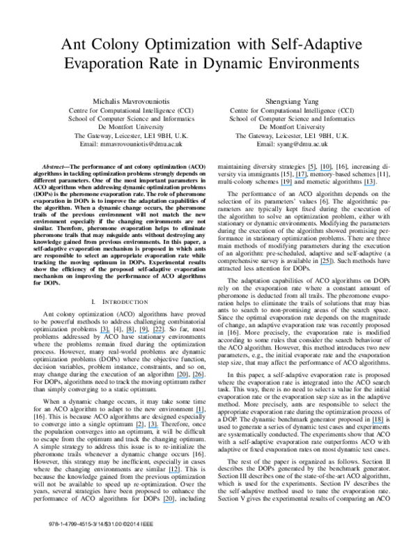 (PDF) Self-Adaptive Evaporation in Ant Colony Optimization