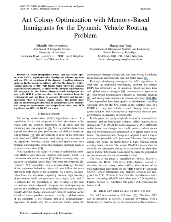 (PDF) Ant colony optimization with memory-based immigrants for the dynamic vehicle routing problem