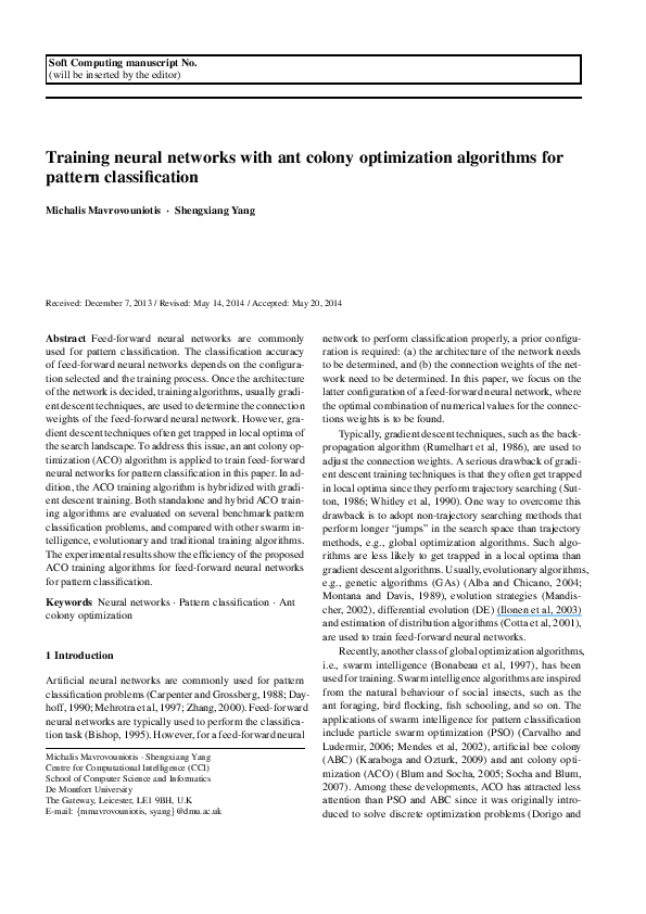 Pdf Training Neural Networks With Ant Colony Optimization Algorithms For Pattern Classification