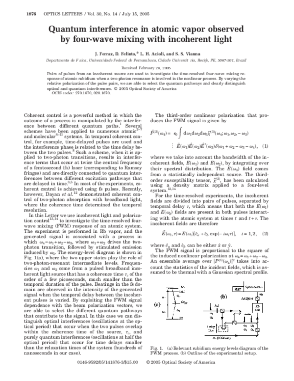 (PDF) Quantum interference in atomic vapor observed by four-wave mixing ...