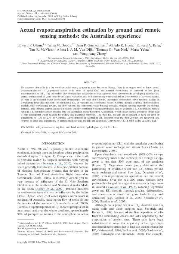 Pdf Actual Evapotranspiration Estimation By Ground And Remote Sensing Methods The Australian