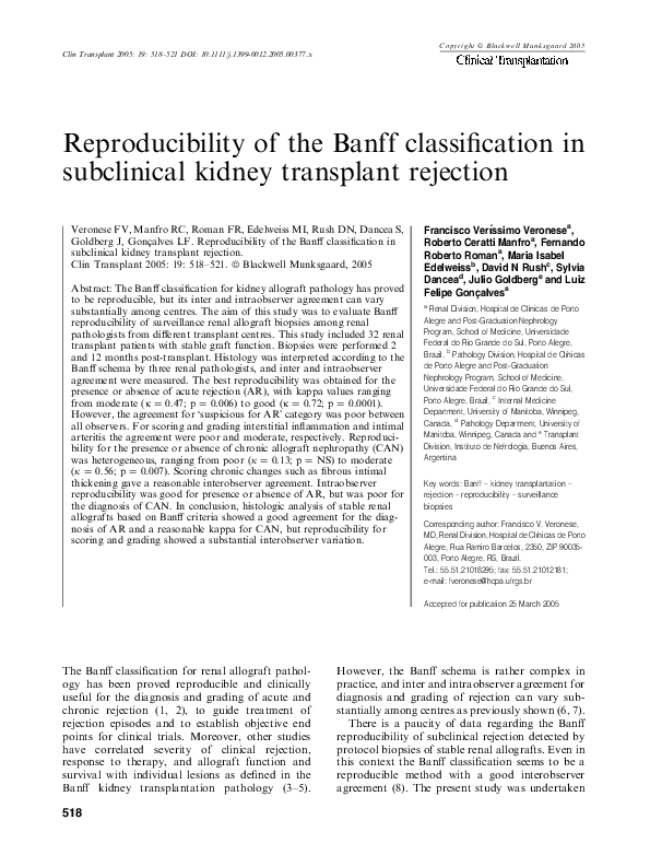 (PDF) Reproducibility of the Banff classification in subclinical kidney ...