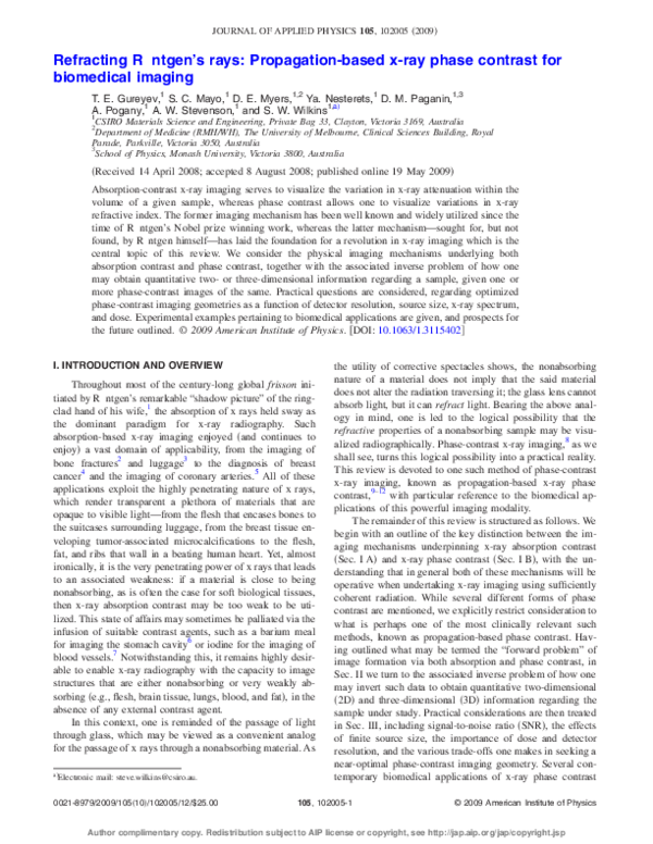 (PDF) Refracting Röntgen’s rays: Propagation-based x-ray phase contrast for biomedical imaging