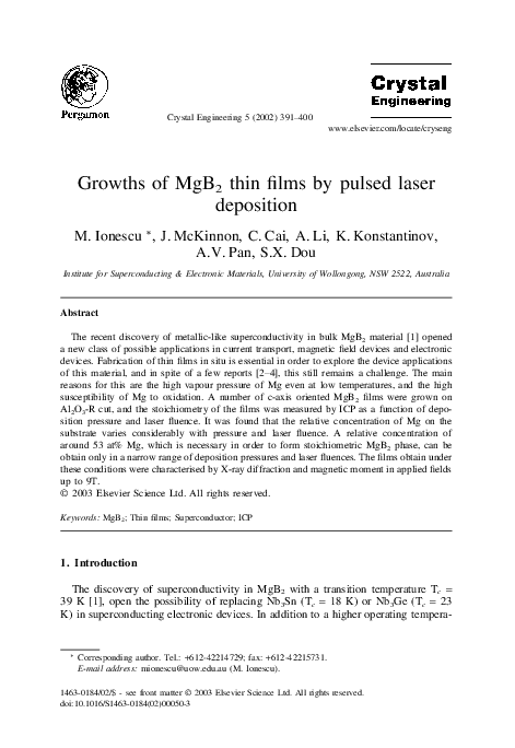 (PDF) Growths of MgB2 thin films by pulsed laser deposition