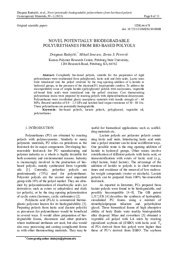 Pdf Novel Potentially Biodegradable Polyurethanes From Bio Based Polyols
