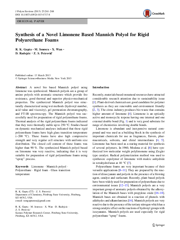 (PDF) Synthesis of a Novel Limonene Based Mannich Polyol for Rigid ...