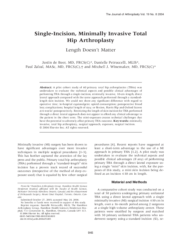 (PDF) Single-incision, minimally invasive total hip arthroplasty