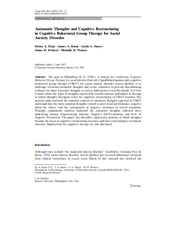 (PDF) Automatic Thoughts and Cognitive Restructuring in Cognitive Behavioral Group Therapy for ...
