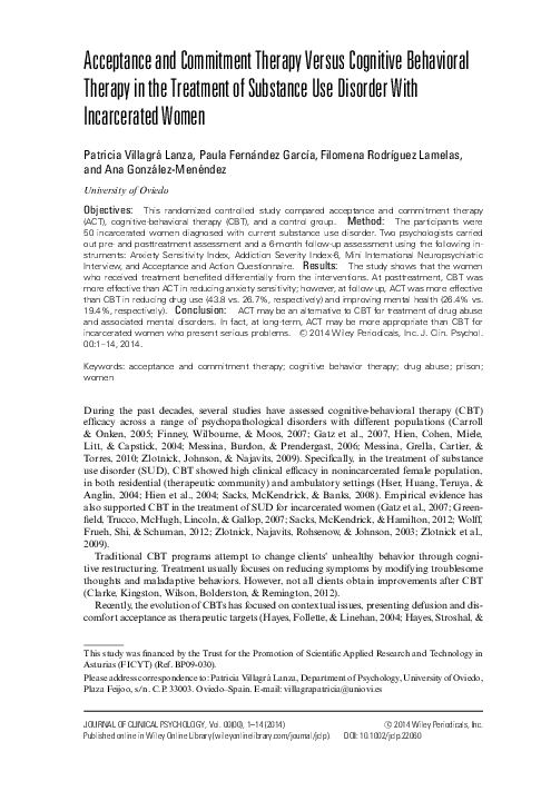 (PDF) Acceptance and Commitment Therapy Versus Cognitive Therapy for the Treatment of Comorbid ...