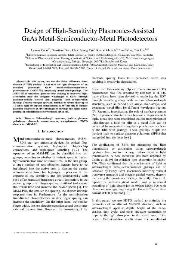 (PDF) Design of high-sensitivity plasmonics-assisted GaAs metal-semiconductor- metal photodetectors