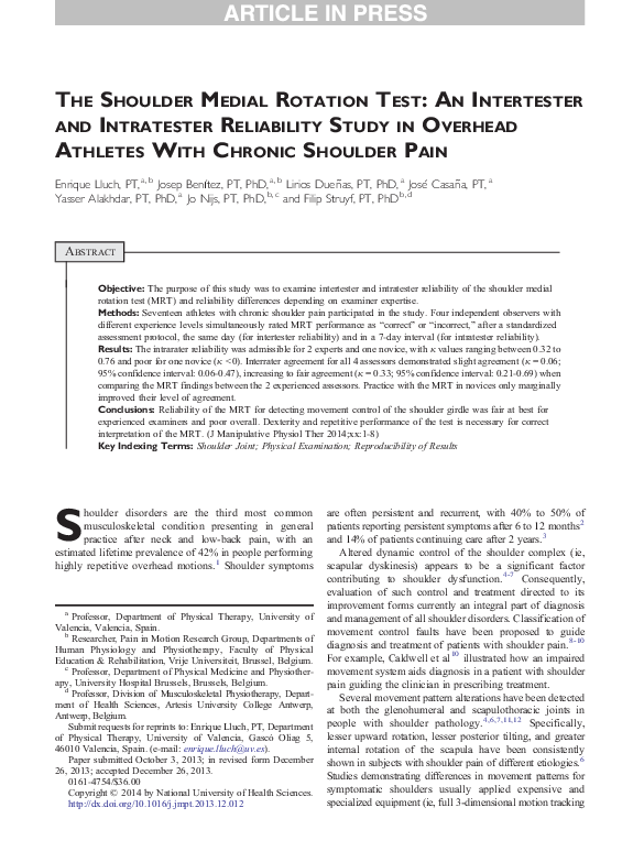 (PDF) The Shoulder Medial Rotation Test: An Intertester and Intratester ...