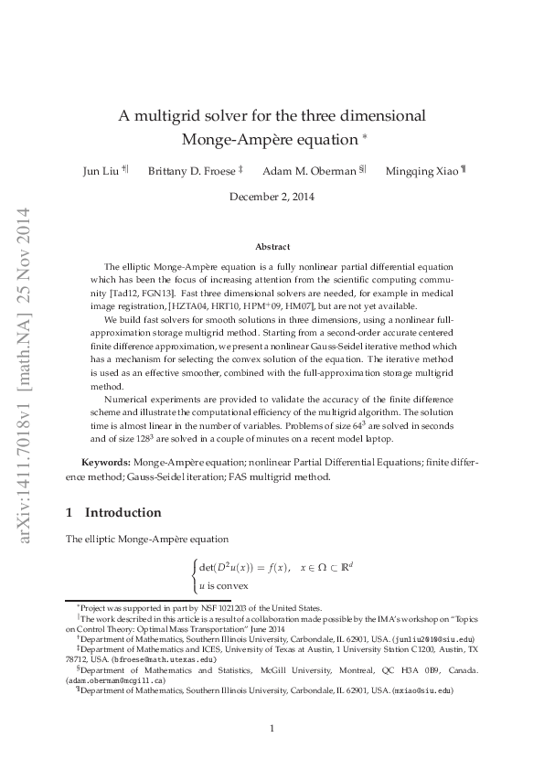 (PDF) A multigrid solver for the three dimensional Monge-Amp\ere equation