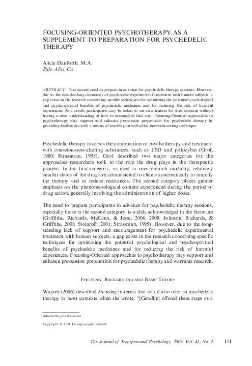 (PDF) Focusing-oriented Psychotherapy as a Supplement to Preparation for Psychedelic Therapy