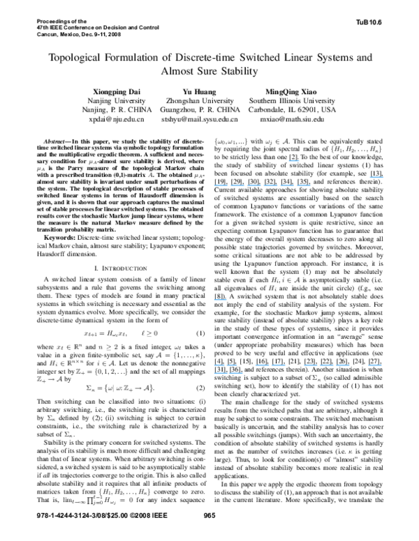 (PDF) Topological formulation of discrete-time switched linear systems and almost sure stability