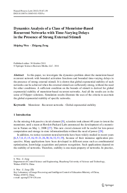 (PDF) Dynamics Analysis of a Class of Memristor-Based Recurrent Networks with Time-Varying ...