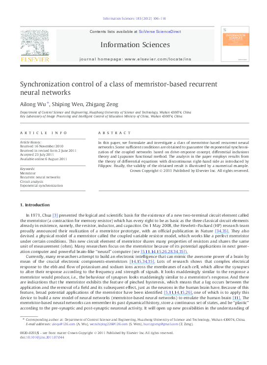 Pdf Synchronization Control Of A Class Of Memristor Based Recurrent Neural Networks