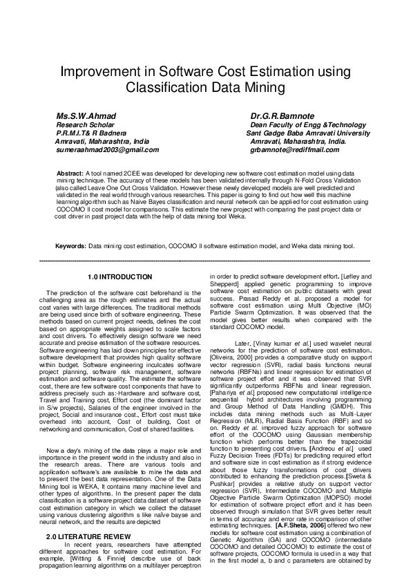 Pdf Improvement In Software Cost Estimation Using Classification Data Mining