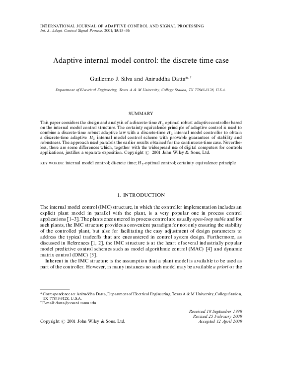 (PDF) Adaptive internal model control: the discrete-time case