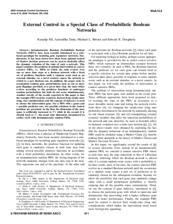 (PDF) External Control in a Special Class of Probabilistic Boolean Networks