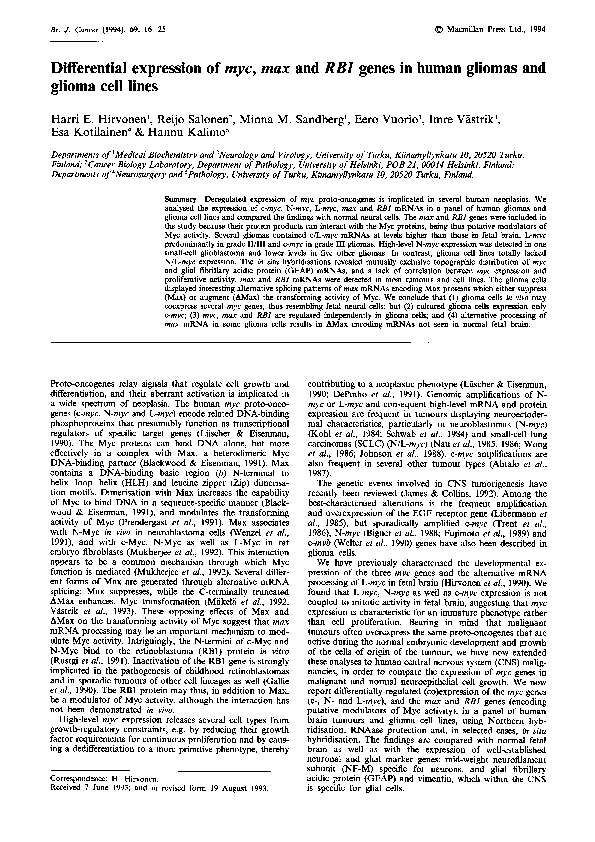 (PDF) Differential expression of myc, max and RB1 genes in human gliomas and glioma cell lines ...