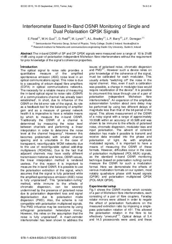 (PDF) Interferometer based in-band OSNR monitoring of single and dual polarisation QPSK signals