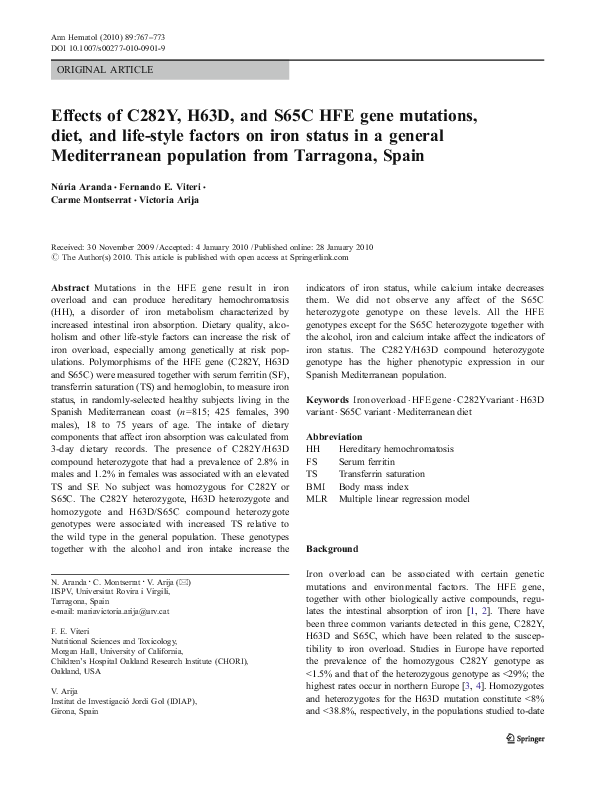 (PDF) Effects of C282Y, H63D, and S65C HFE gene mutations, diet, and ...