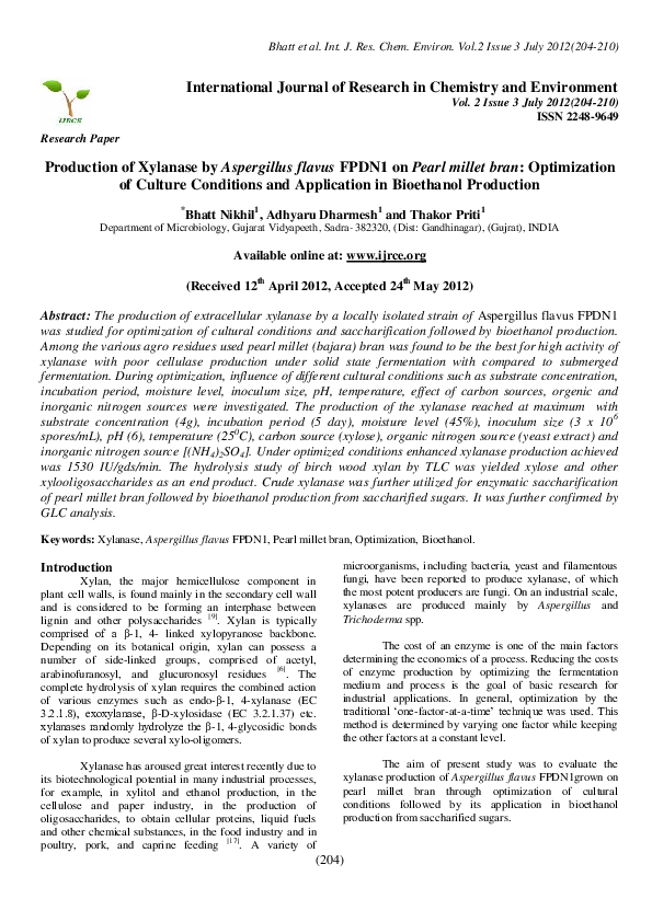 (PDF) Production of Xylanase by Aspergillus flavus FPDN1 on Pearl millet bran: Optimization of ...