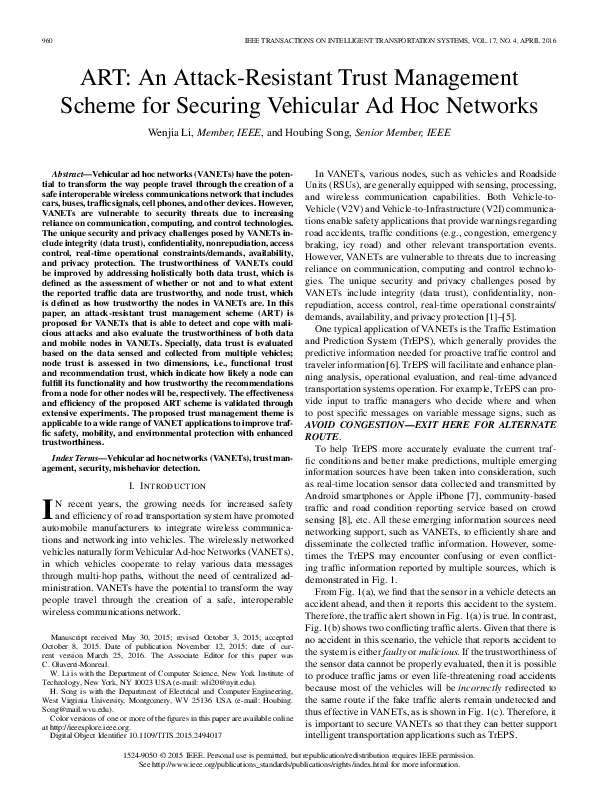 (PDF) ART: An Attack-Resistant Trust Management Scheme for Securing Vehicular Ad Hoc Networks