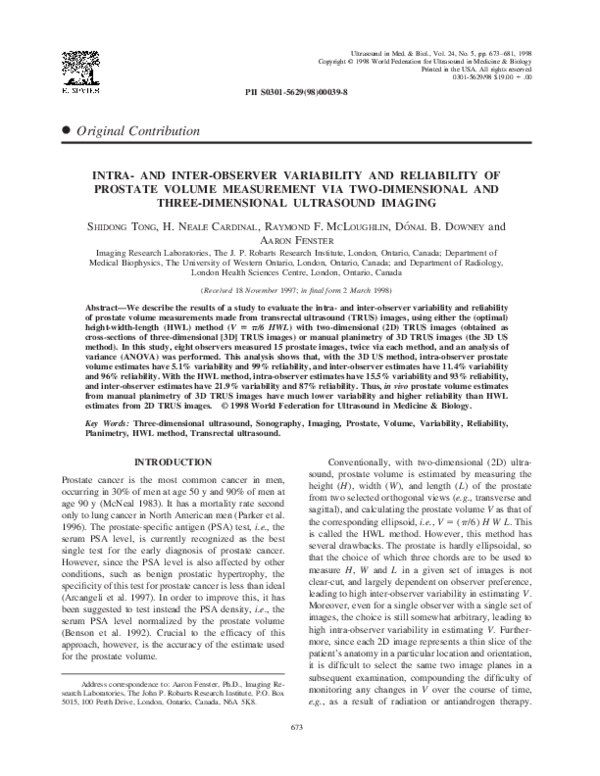 Pdf Intra And Inter Observer Variability And Reliability Of Prostate Volume Measurement Via